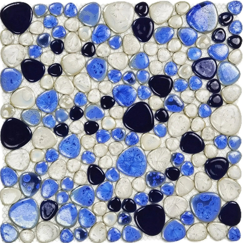 Blue and White Pebble Floor Tile Porcelain Mosaic FCCPT12 – FOC Tile